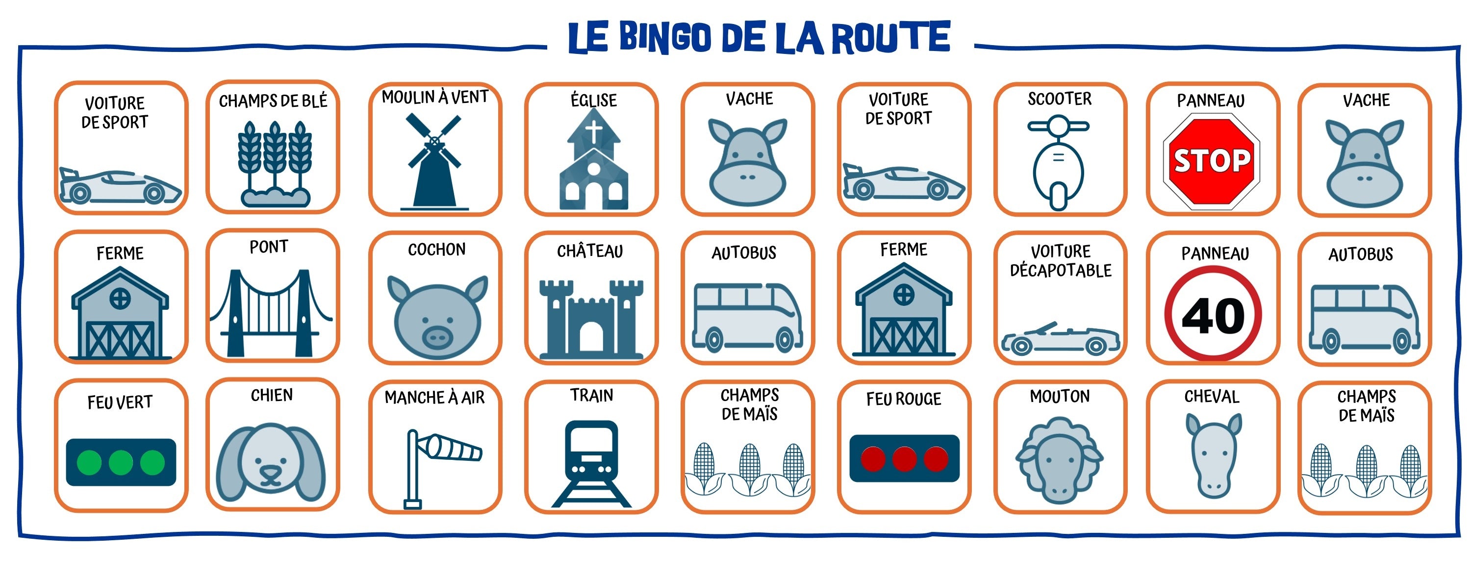 BINGO DE LA ROUTE POUR LES ENFANTS EN VOYAGE